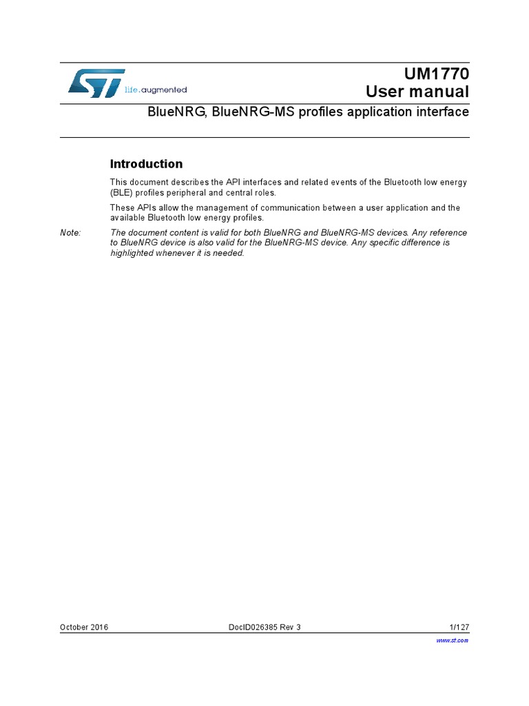 Um1770 User Manual: Bluenrg, Bluenrg-Ms Profiles Application Interface | PDF | Computer ...