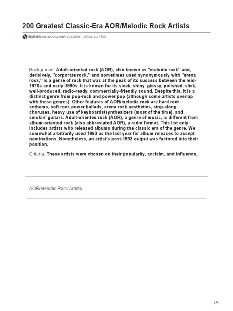 200 Greatest Classic-Era AOR Melodic Rock Artists | Download Free PDF ...