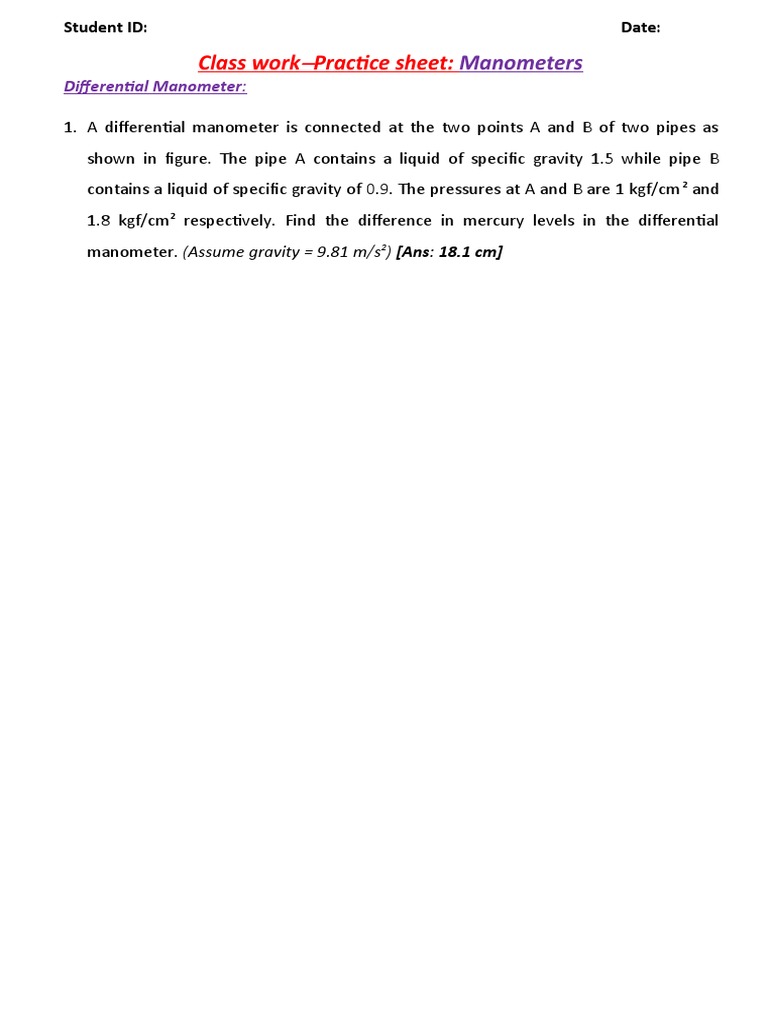 Manometer Practice Problems and Solutions | PDF | Pressure Measurement ...