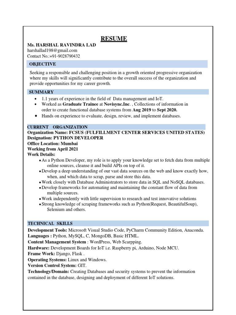 Resume Harshal Lad | PDF | Databases | Internet Of Things
