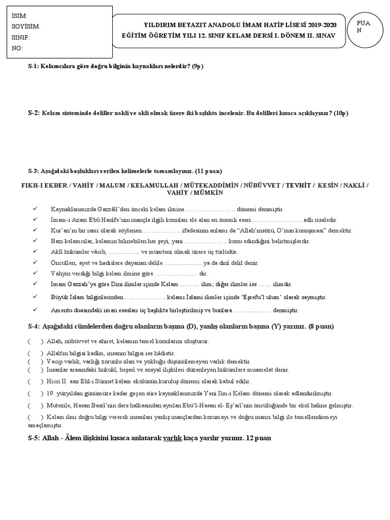 Bytr MHM İHLKelam1.Dönem2.Yazılı | PDF