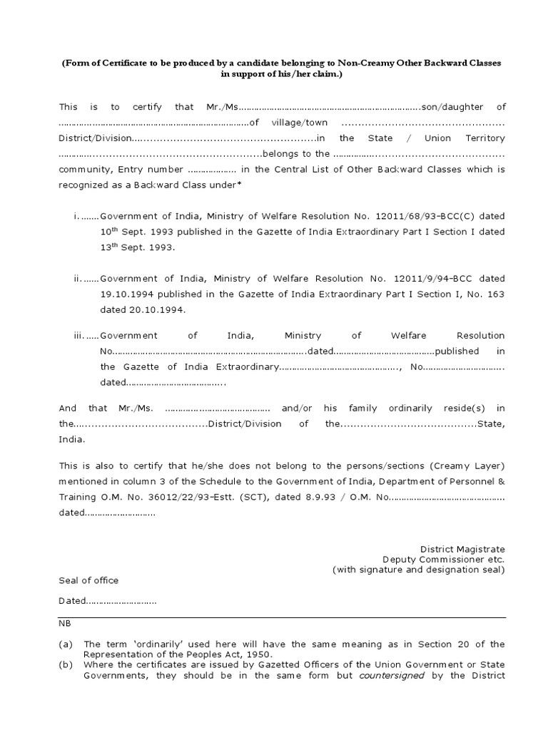 Form of Certificate To Be Produced by A Candidate Belonging To Non ...