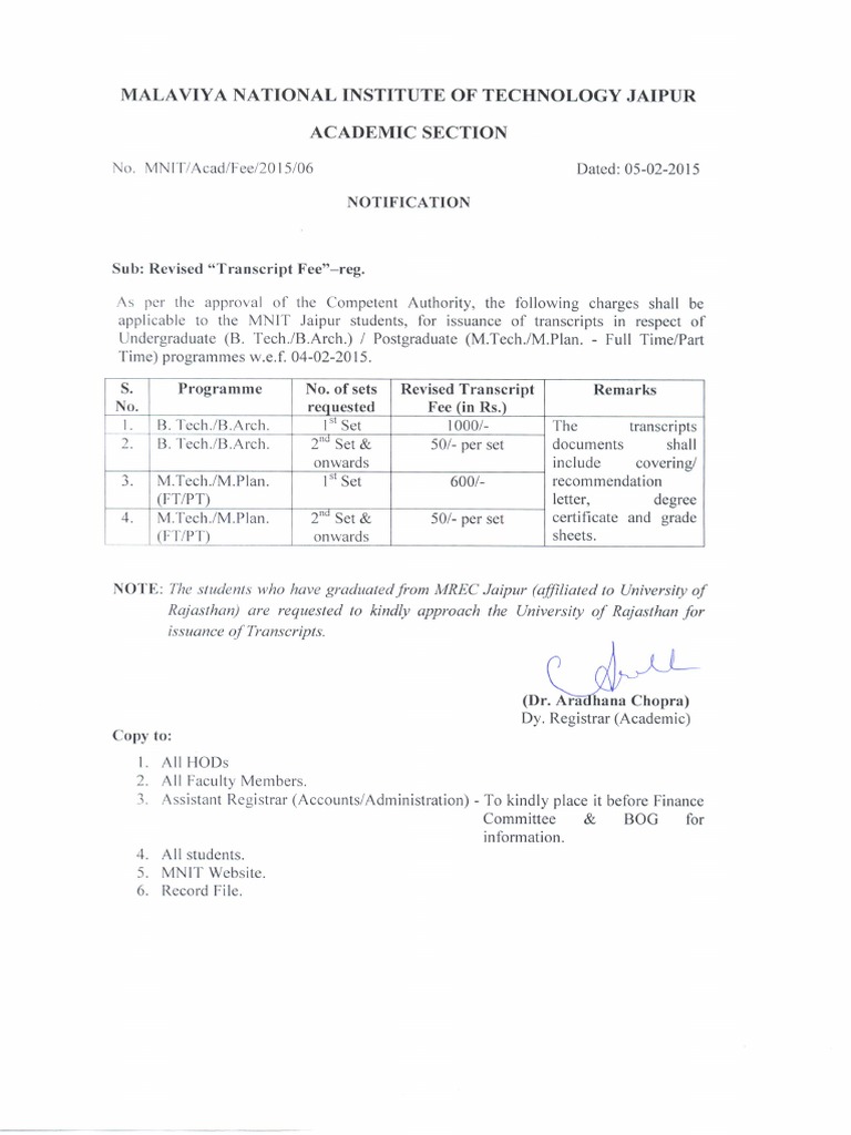 Transcript Fee MNIT | PDF