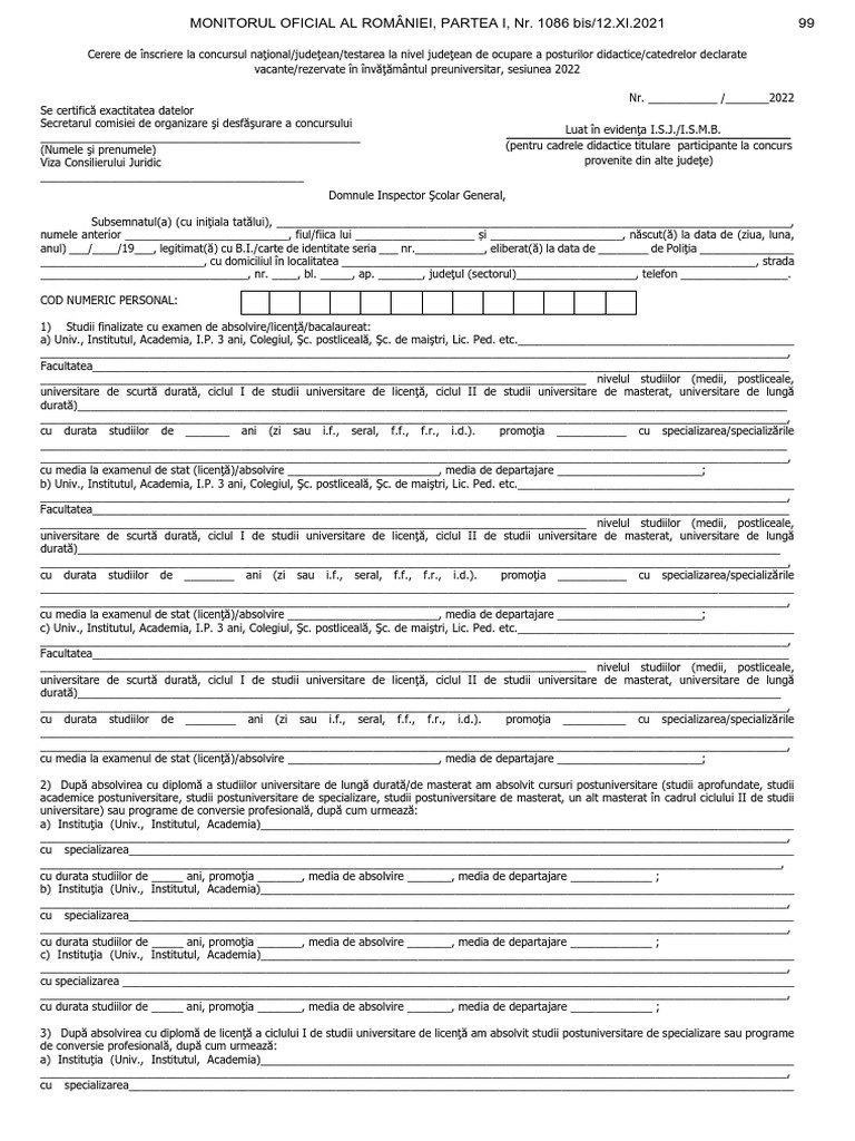 Cerere Inscriere Concurs Titularizare 2022 1 | PDF