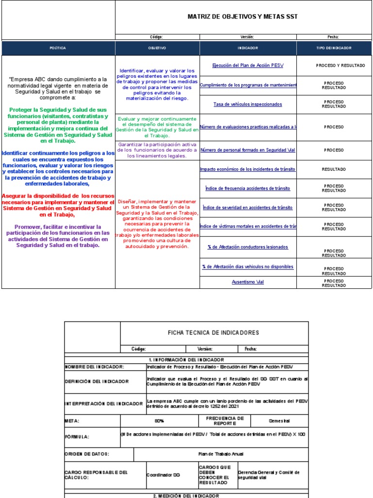 PESV-Formato Matriz de Objetivos y Metas Completa Vial - PESV-ESTA 2022 | PDF | La seguridad