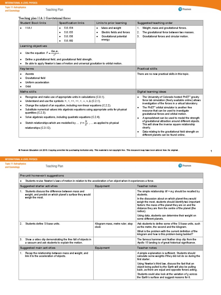 IAL - Physics - SB2 - Teaching Plans - 11A | PDF | Gravity | Force