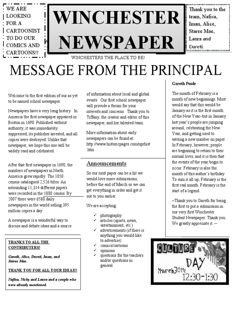 Winchester Newspaper: Message From The Principal | PDF | Newspapers