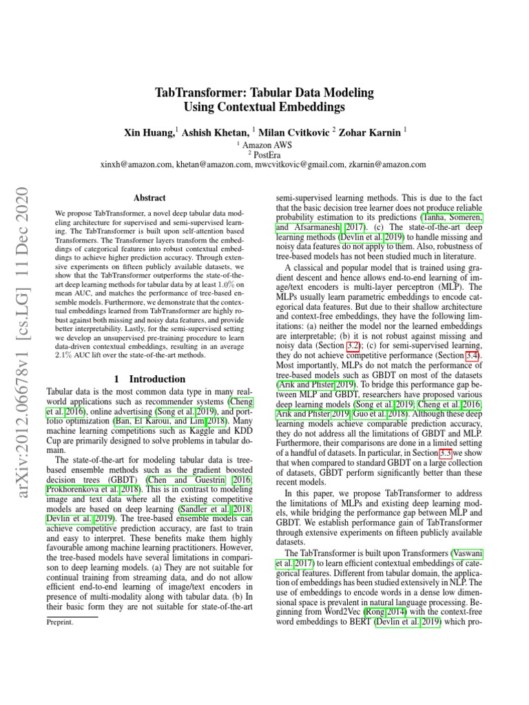 TabTransformer - Tabular Data Modeling Using Contextual Embeddings | PDF | Receiver Operating ...