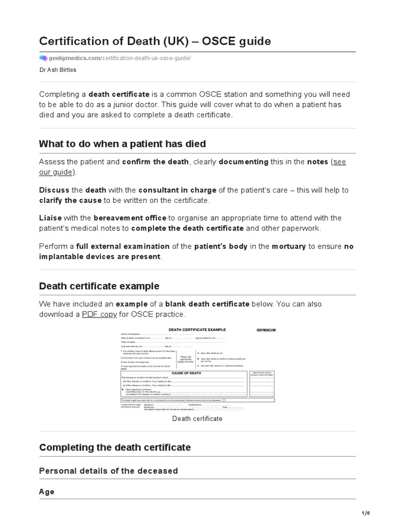 Certification of Death UK OSCE Guide | PDF | Death | Coroner