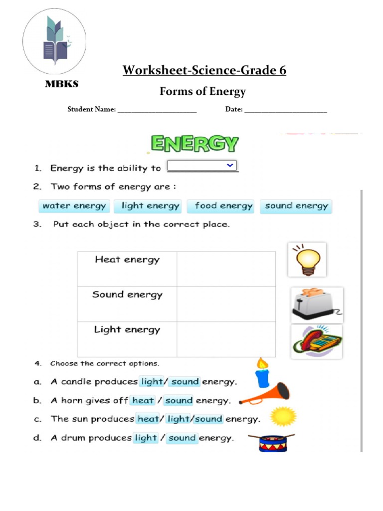 Worksheet-Science-Grade 6: Forms of Energy | PDF
