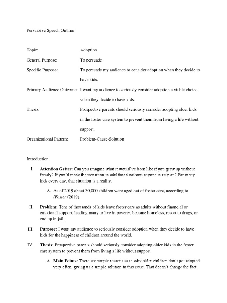 Persuasive Speech Outline - Sample 3 | PDF | Adoption | Foster Care