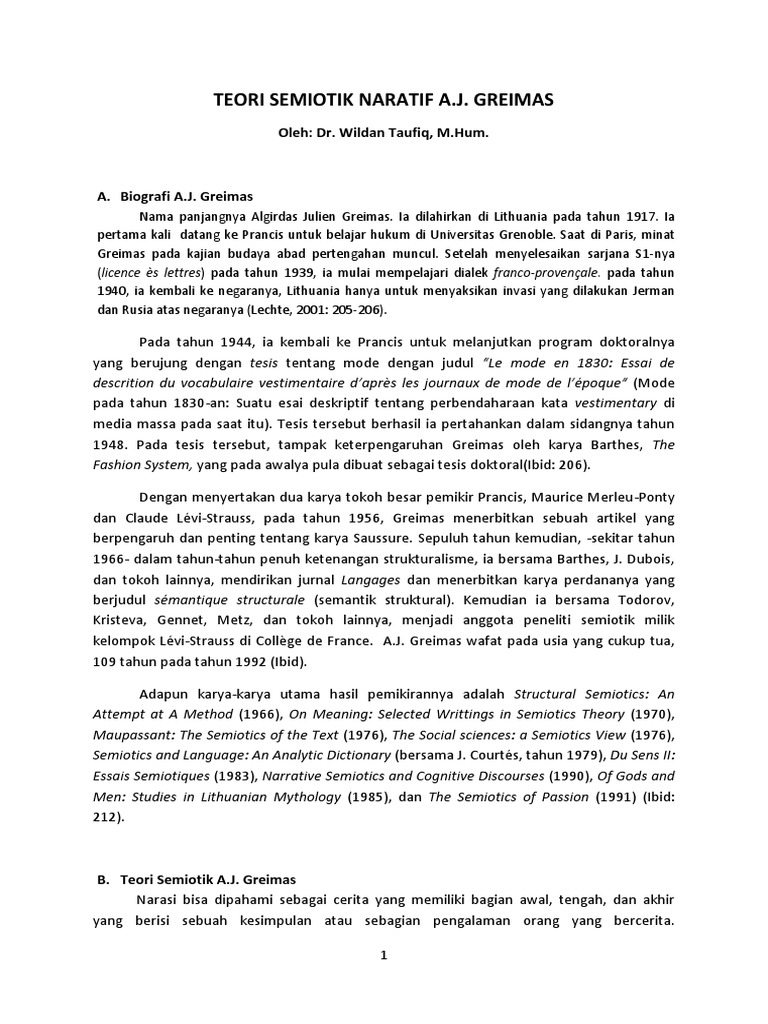 Teori Semiotika Naratif A.J. Greimas | PDF