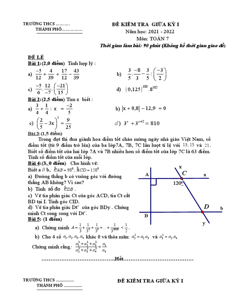 De Thi Giua Hoc Ki 1 Mon Toan Lop 7 de 2 3 | PDF