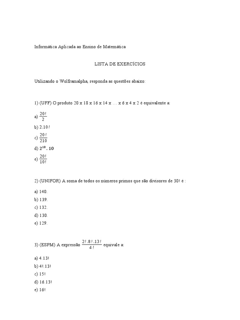 Lista de Exercícios - Fatorial | PDF