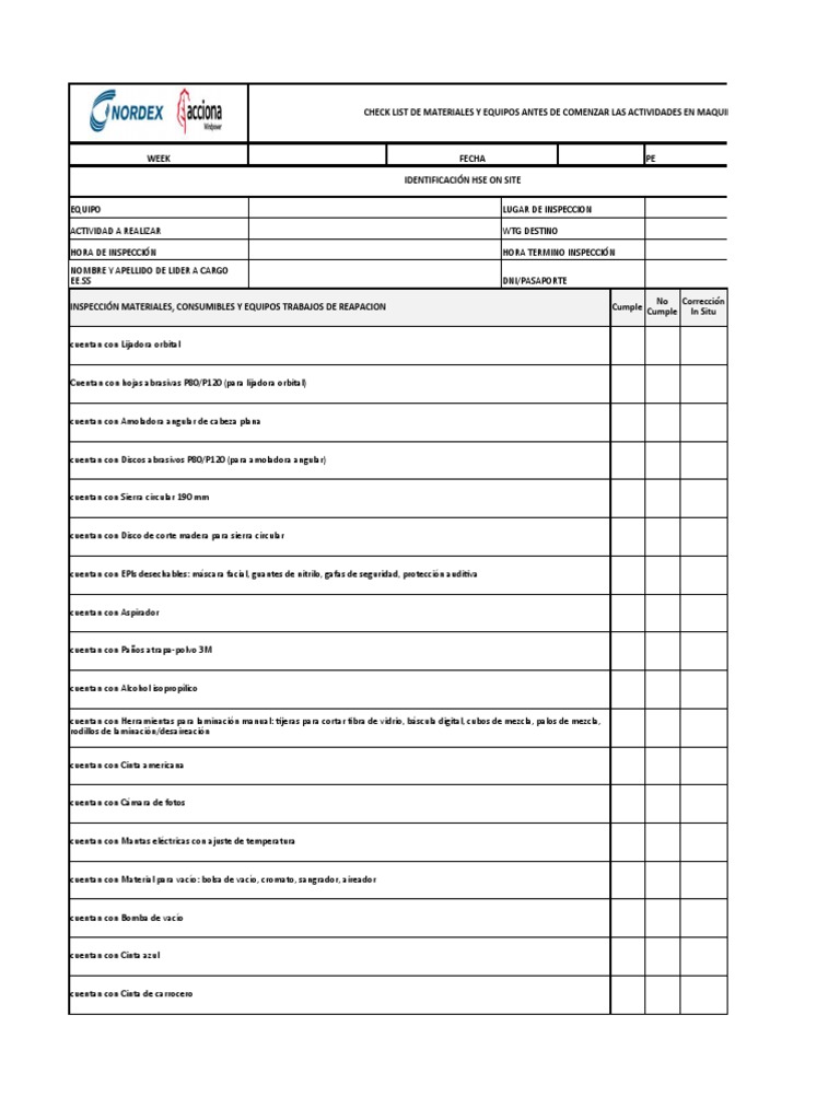 Check List INSPECCIONES MATERIALES, EQUIPOS Y CONSUMIBLES | PDF ...