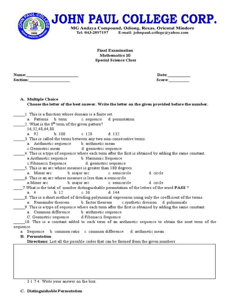 Final Examination Math 10 Einstein Pdf Sequence Polynomial