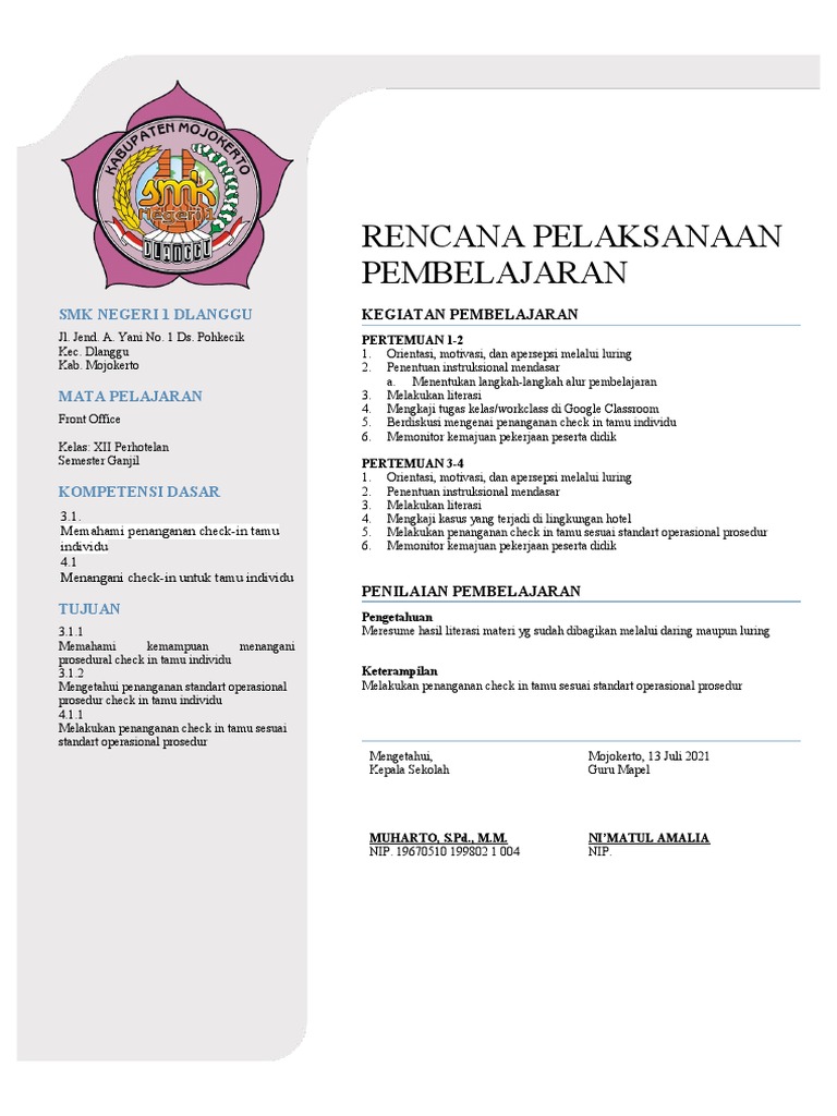 RPP Front Office Xii Ganjil | PDF