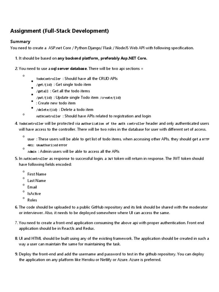 Assignment (Full-Stack Development) : Todocontroller /get/ (Id) /getall ...