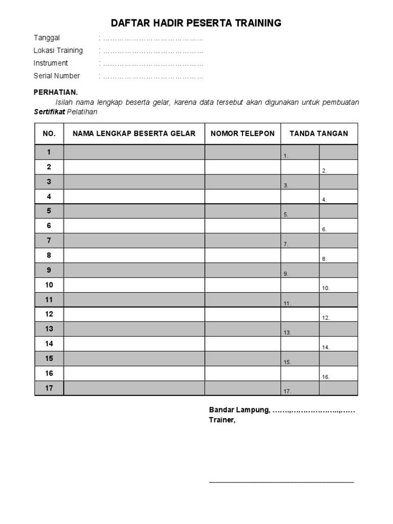 Daftar Hadir Training | PDF