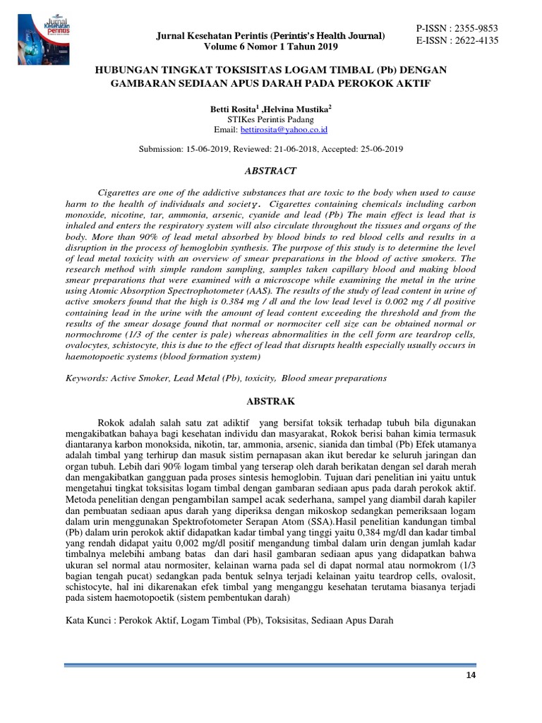 Hubungan Tingkat Toksisitas Logam Timbal (PB) Dengan Gambaran Sediaan ...