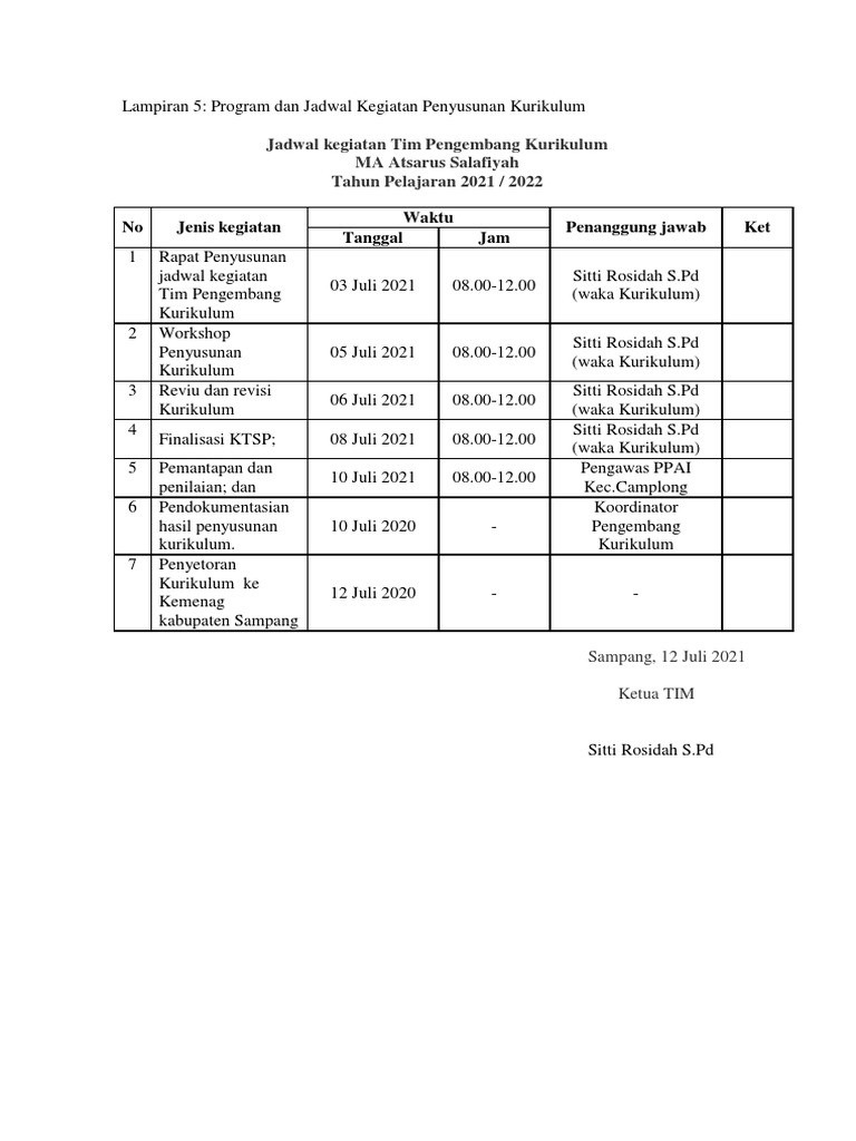 L.5 Program Dan Jadwal Kegiatan Penyusunan Kurikulum | PDF