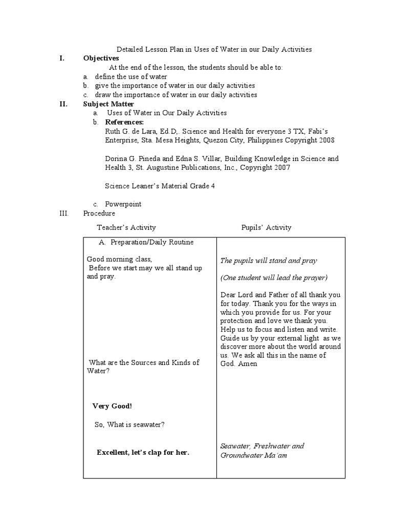 Detailed Lesson Plan in Uses of Water in Our Daily Activities | PDF ...