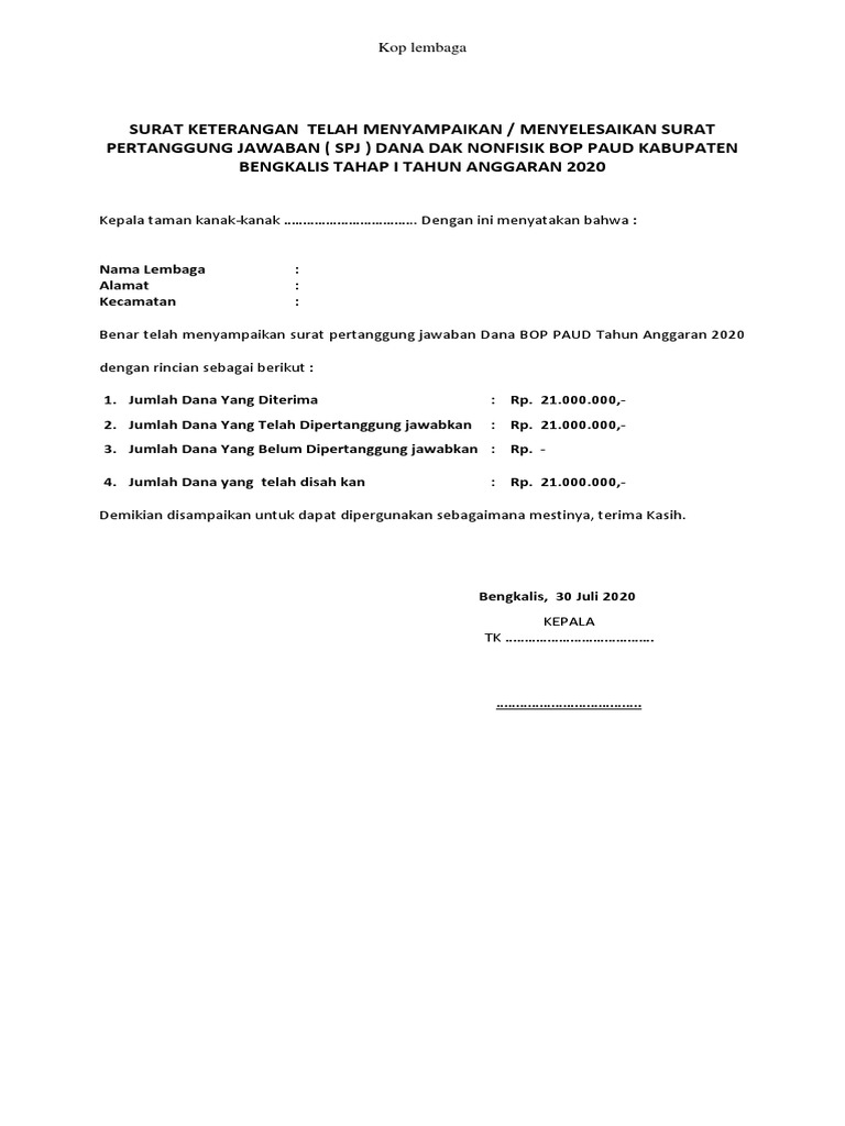 Contoh SPJ Bop Tahap I Tahun 2020 | PDF