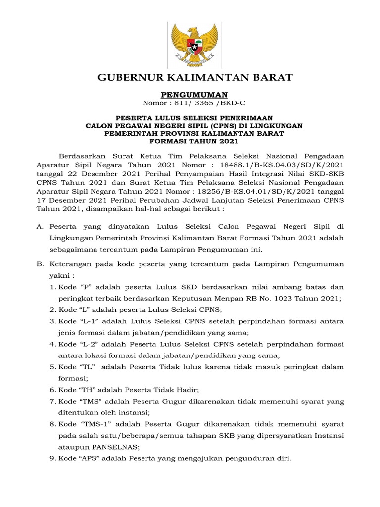 Pengumuman Hasil Kelulusan Akhir CPNS Pemprov Kalbar 2021 Integrasi SKD SKB 4 | PDF