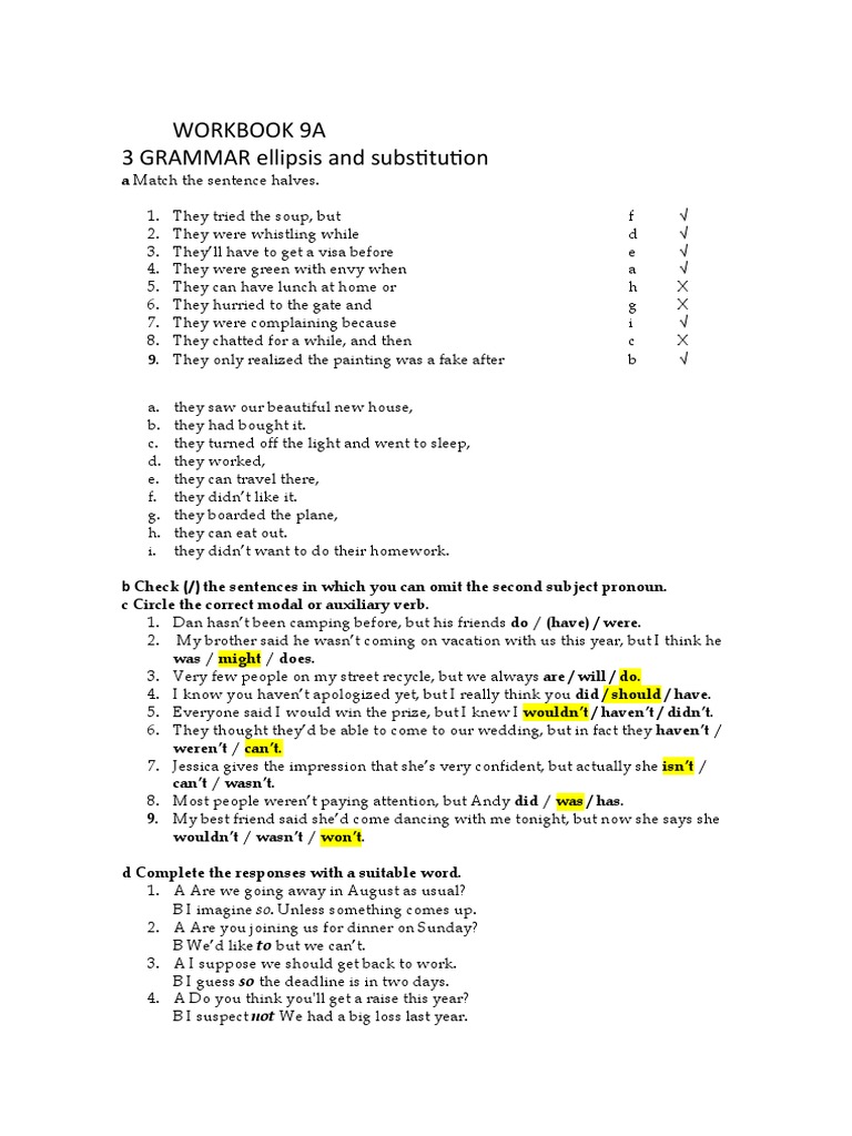 Workbook 9A 3 GRAMMAR Ellipsis and Substitution | PDF