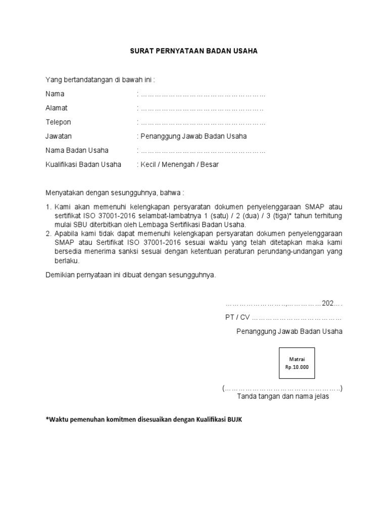 Surat Pernyataan Badan Usaha Pemenuhan Iso 37001 2016 | PDF