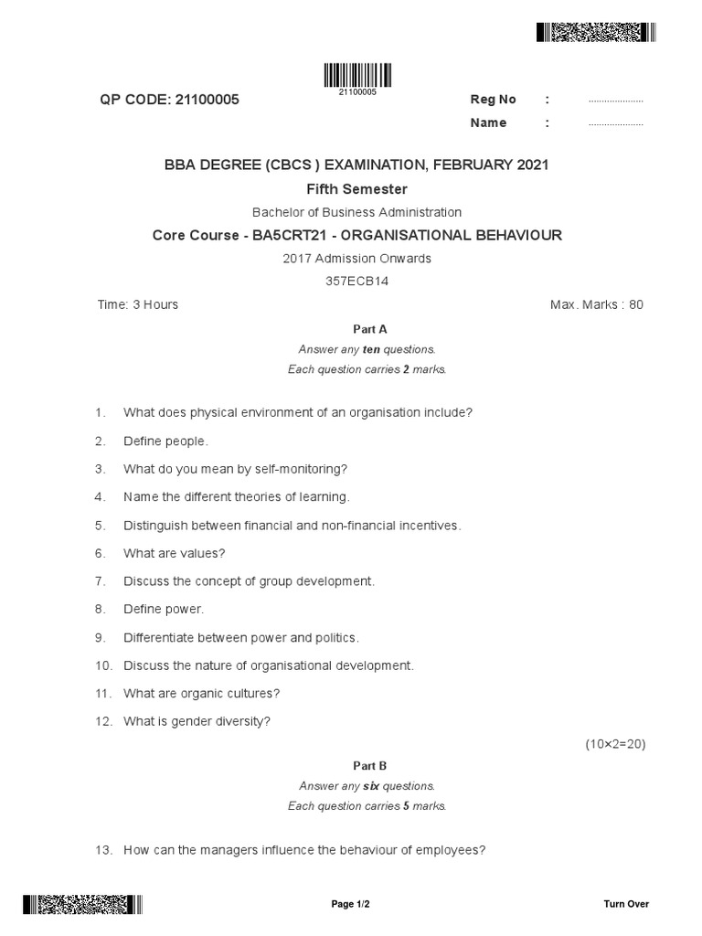 Organisational Behaviour Exam Paper 2021 | PDF | Organizational ...
