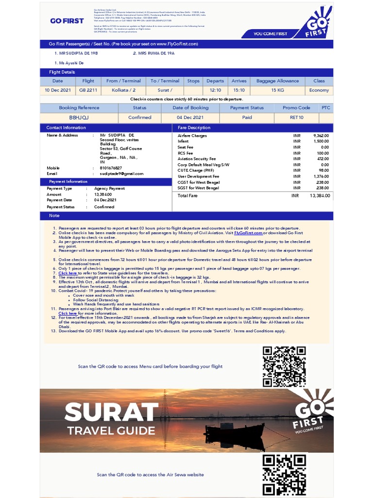 Go First Passenger Ticket Confirmation for Flight from Kolkata to Surat ...