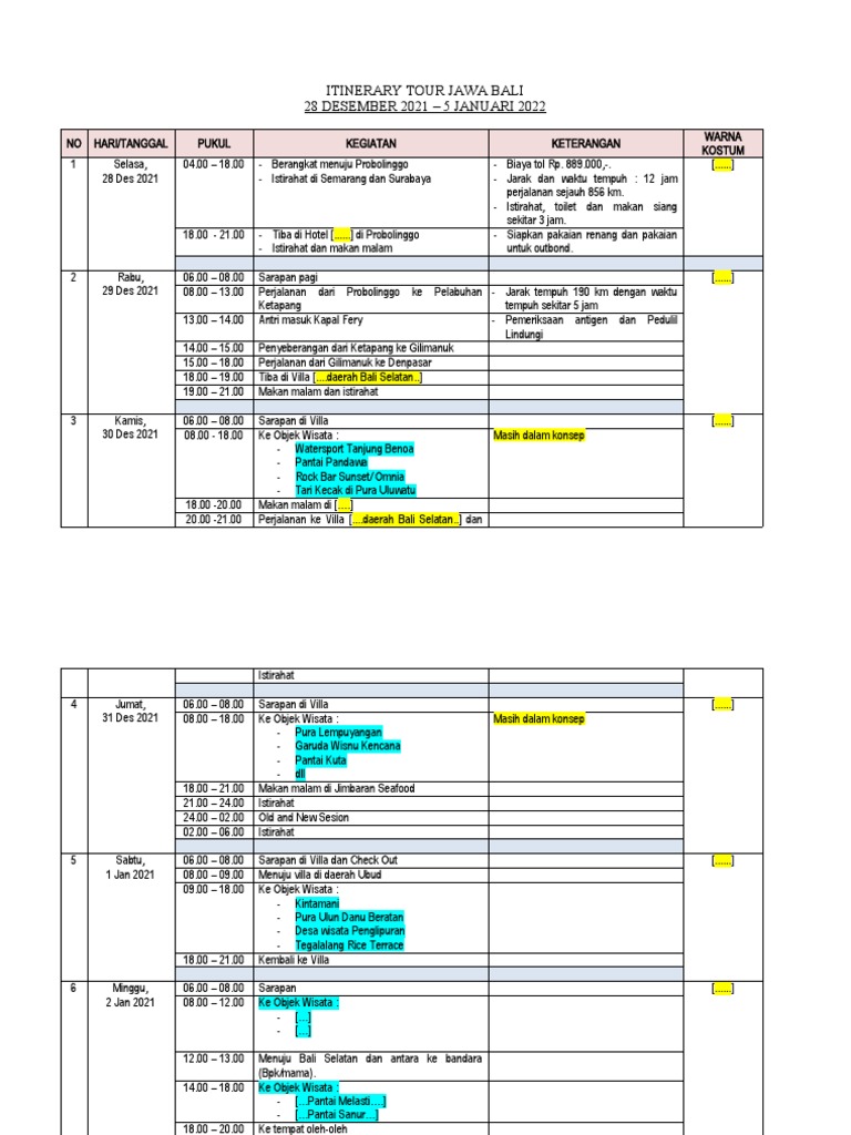Jadwal Perjalanan Tour Jawa Bali | PDF