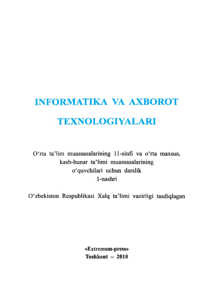 Informatika. 11-Sinf (2018, N.Taylaqov, A.Ahmedov) | PDF