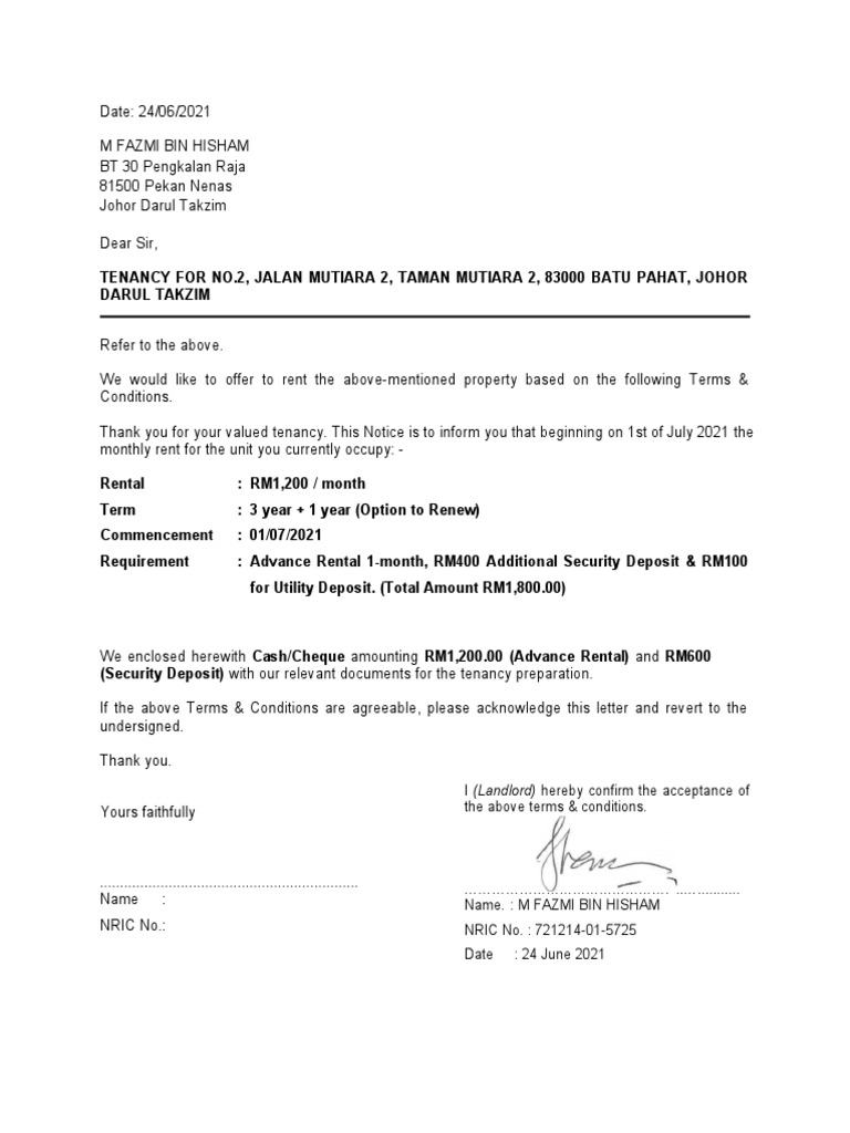 Notice Offer Letter Tenancy Fazmi & Syarikat Faiza | PDF | Finance ...