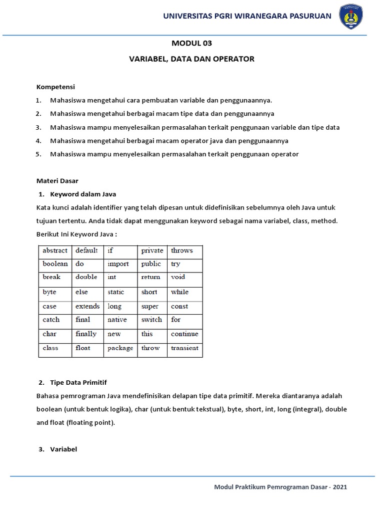 Modul 03 - Variabel Data Dan Operator | PDF | Bisnis