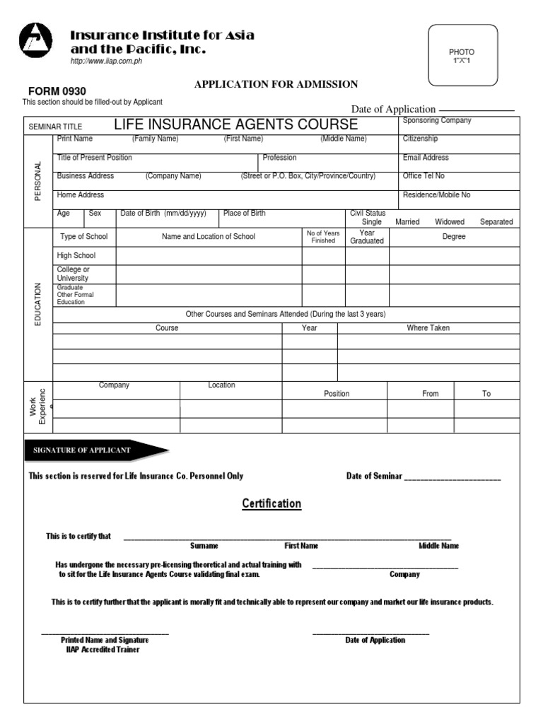 Life Insurance Agents Course Application | PDF | Certification