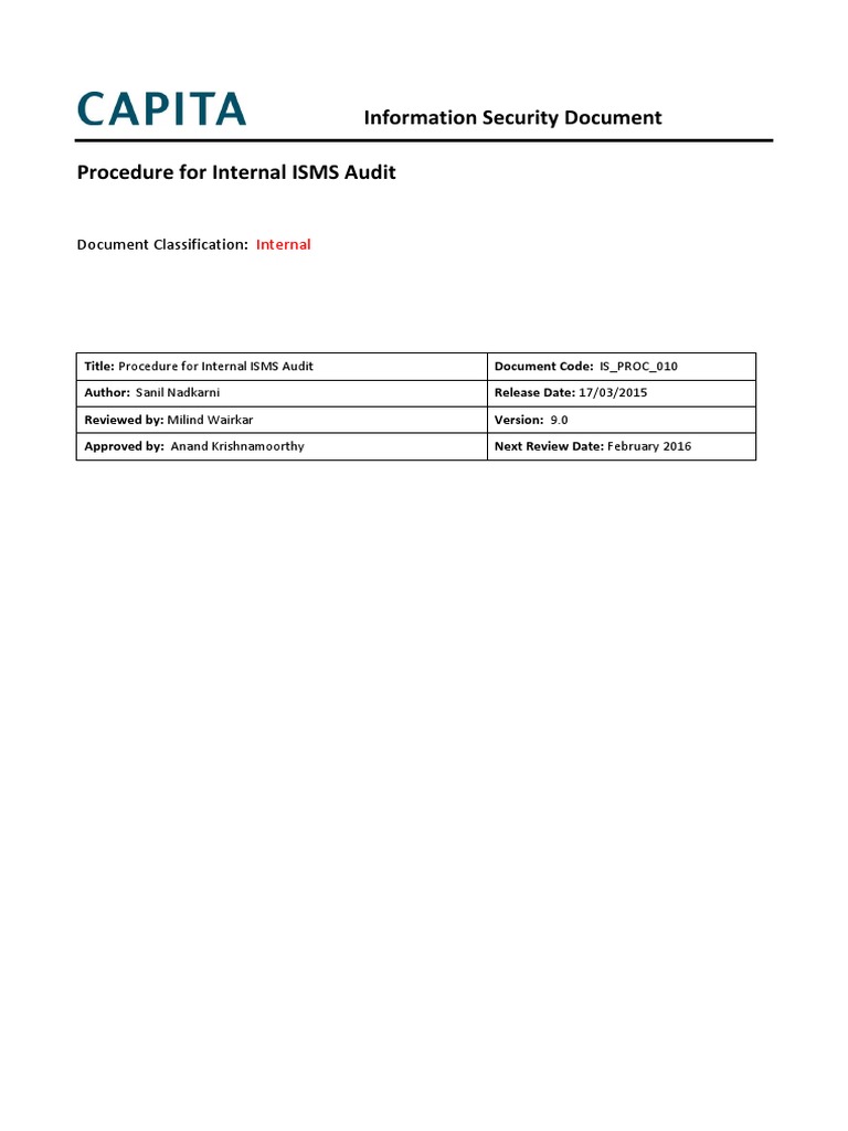 IS - PROC - 010 - Procedure For Internal ISMS Audit Ver. 9.0 | PDF ...