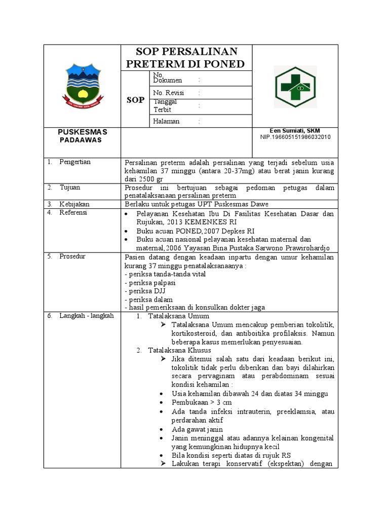 Sop Persalinan Preterm (Pemberian Steroid Antenatal) | PDF