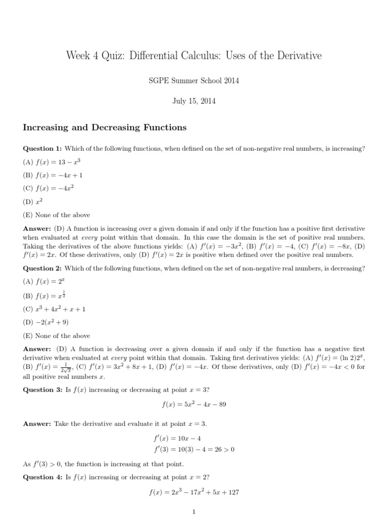 Week 4 Quiz: Differential Calculus: Uses of The Derivative: Increasing ...
