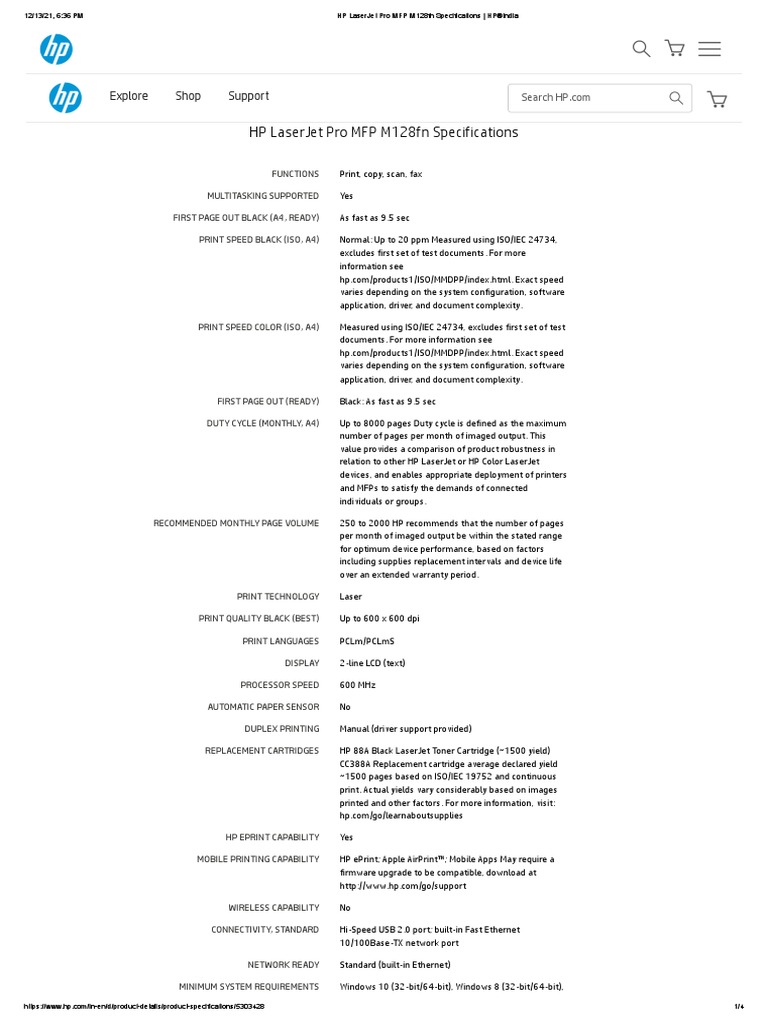 HP LaserJet Pro MFP M128fn Specifications | PDF | Image Scanner | 64 Bit Computing