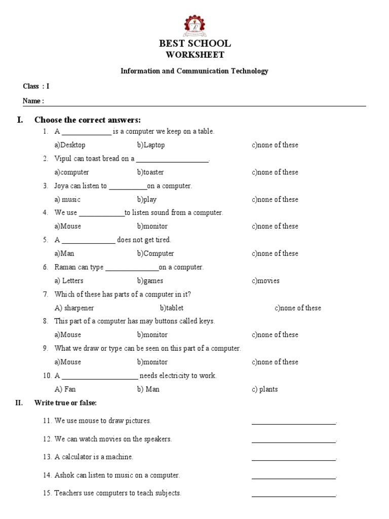 Class 1 Worksheet | PDF | Desktop Computer | Laptop