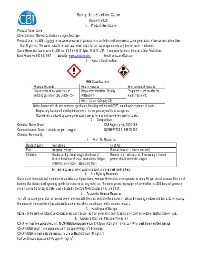 Safety Data Sheet For Ozone | PDF | Ozone | Atmosphere Of Earth