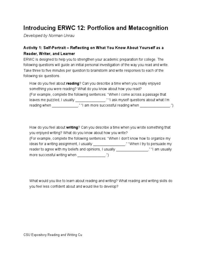 Introducing ERWC 12: Portfolios and Metacognition | PDF | Extraversion ...