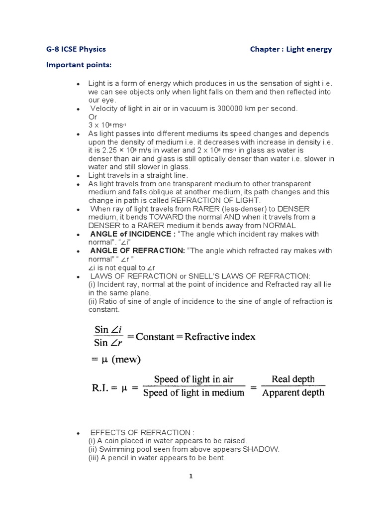 G-8 Icse Physics Chapter: Light Energy Important Points | PDF | Mirror | Refraction