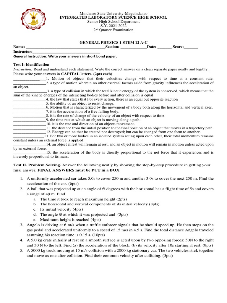 Senior High Physics Exam Guide | PDF | Acceleration | Force