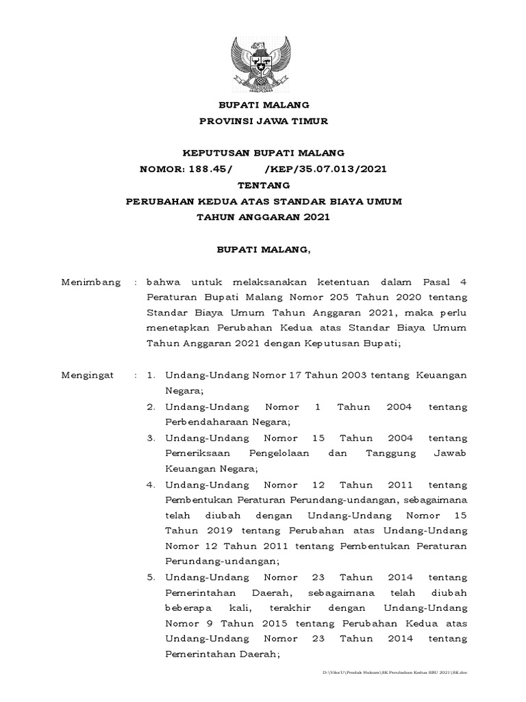 Keputusan Bupati TTG Perubahan Kedua SBU 2021 | PDF | Pengelolaan Keuangan & Uang