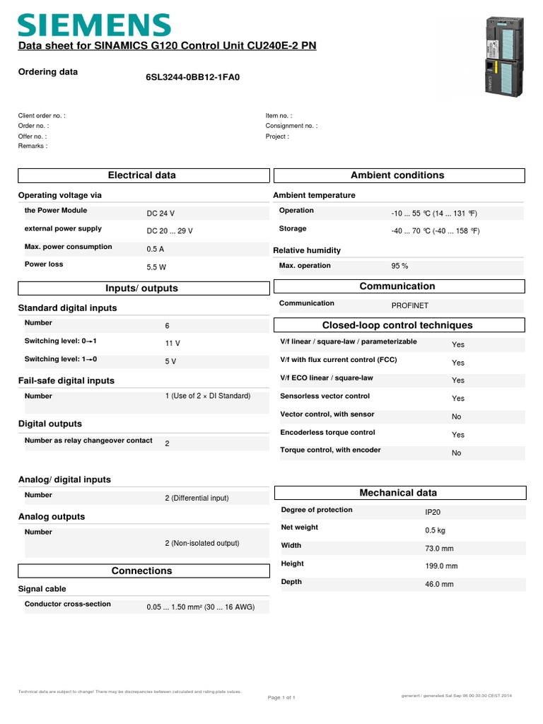 SINAMICS G120 CU240E-2 PN Data Sheet | PDF | Power Supply ...