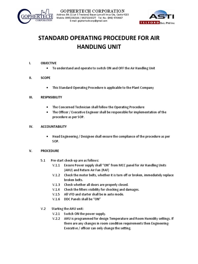 SOP of AHU | PDF | Machines | Systems Engineering