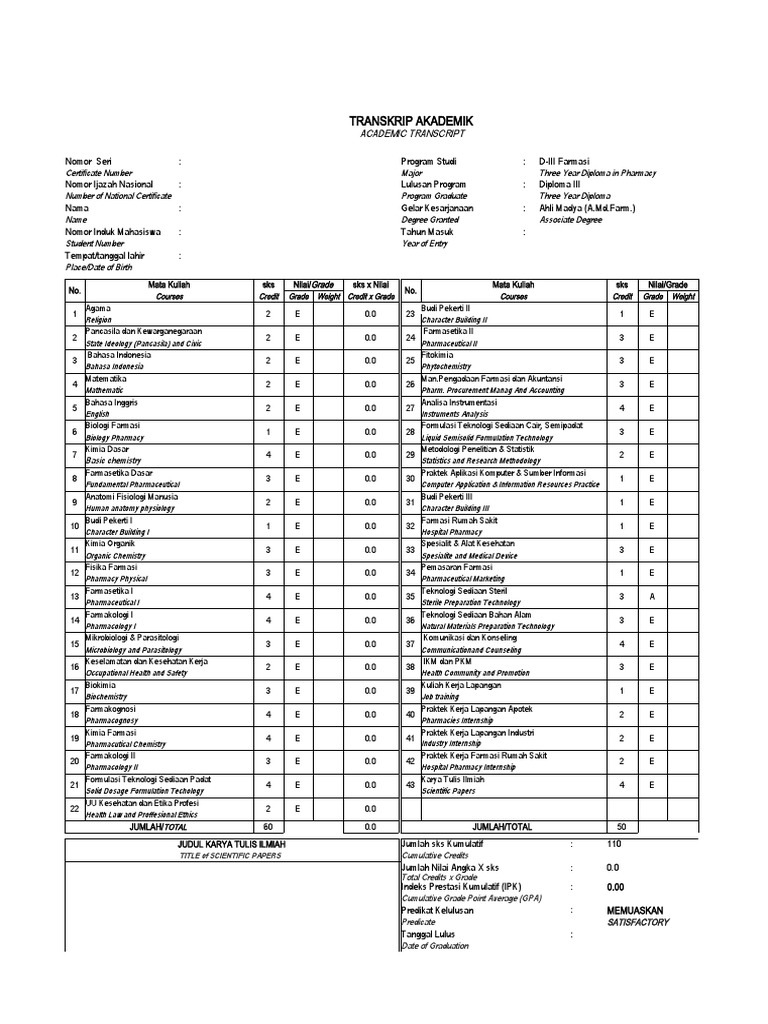 Transkrip d3 Farmasi Angkatan 2019 Rev | PDF | Pharmacy | Health Care